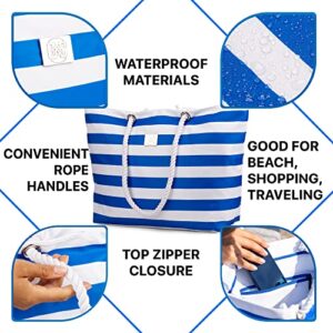 Large Waterproof Striped Tote Beach Bag - Top Zipper Closure - Waterproof Lining - Tote Shoulder Bag For Gym Beach Travel (Striped Blue)