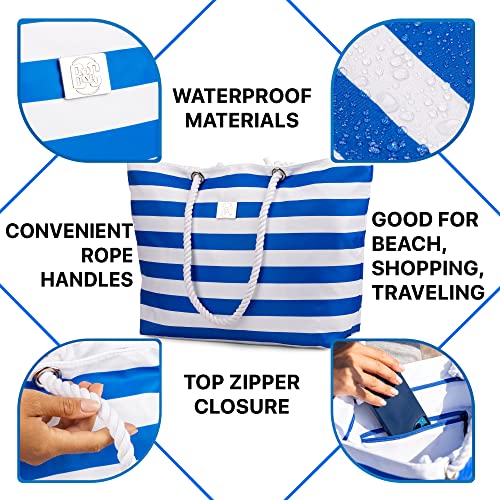 Large Waterproof Striped Tote Beach Bag - Top Zipper Closure - Waterproof Lining - Tote Shoulder Bag For Gym Beach Travel (Striped Blue)