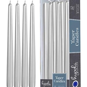 Hyoola 12 Pack Tall Metallic Taper Candles - 10 Inch Silver Metallic, Dripless, Unscented Dinner Candle - Paraffin Wax with Cotton Wicks