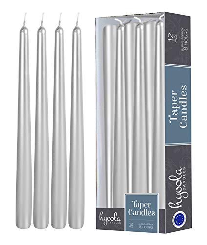 Hyoola 12 Pack Tall Metallic Taper Candles - 10 Inch Silver Metallic, Dripless, Unscented Dinner Candle - Paraffin Wax with Cotton Wicks