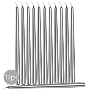 Hyoola 12 Pack Tall Metallic Taper Candles - 10 Inch Silver Metallic, Dripless, Unscented Dinner Candle - Paraffin Wax with Cotton Wicks