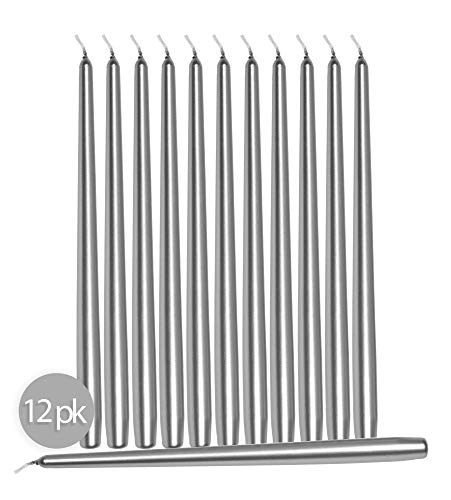 Hyoola 12 Pack Tall Metallic Taper Candles - 10 Inch Silver Metallic, Dripless, Unscented Dinner Candle - Paraffin Wax with Cotton Wicks