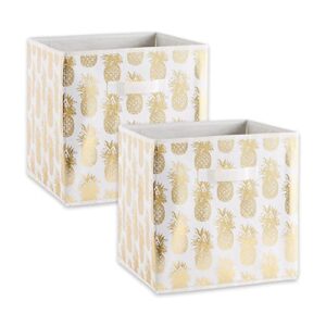 dii non woven polyester storage bin, metallic pineapple, white & gold, large set of 2