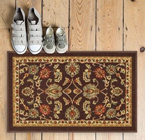 well woven non-slip rubber back 18″ x 31″ doormat rug timeless oriental brown traditional classic sarouk thin pile machine washable indoor outdoor kitchen hallway entry