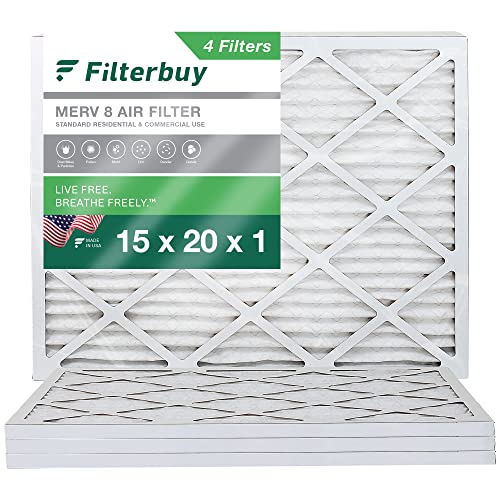 Filterbuy 15x20x1 Air Filter MERV 8 Dust Defense (4-Pack), Pleated HVAC AC Furnace Air Filters Replacement (Actual Size: 14.50 x 19.50 x 0.75 Inches)