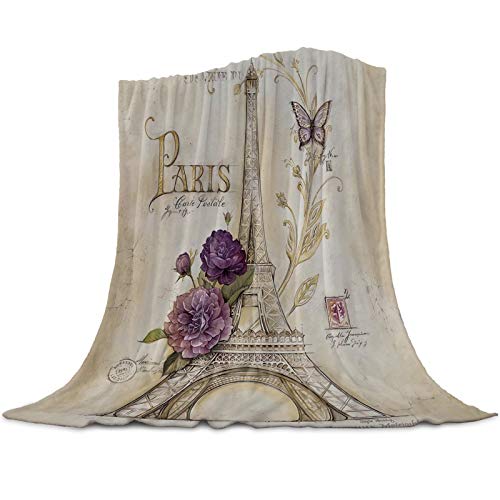 Gogobebe Flannel Fleece Throw Blanket for Sofa Couch Bed Vintage Butterfly Paris Eiffel Tower Soft Cozy Lightweight Blanket for Adults/Kids 49x59inch