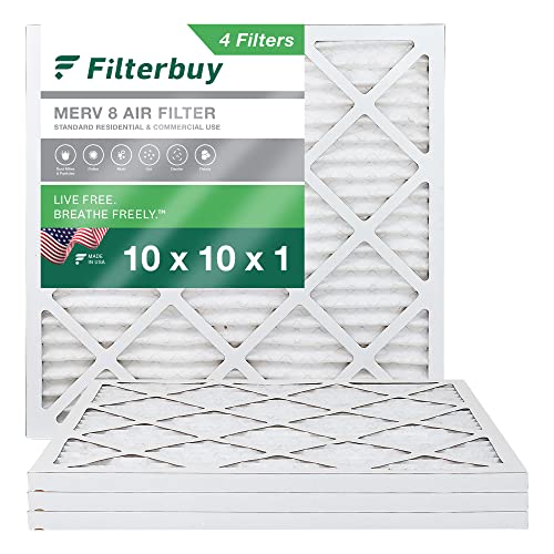 Filterbuy 10x10x1 Air Filter MERV 8 Dust Defense (4-Pack), Pleated HVAC AC Furnace Air Filters Replacement (Actual Size: 9.50 x 9.50 x 0.75 Inches)