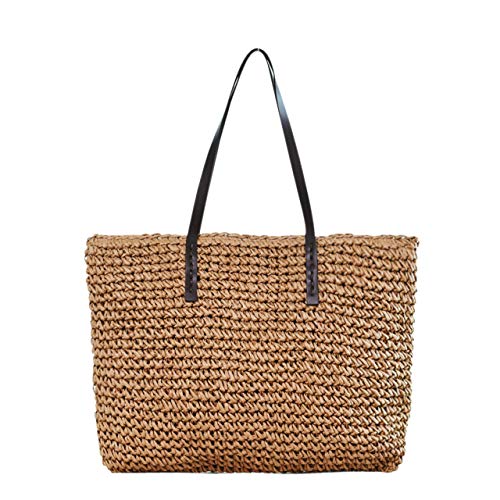 Ayliss Women Straw Woven Tote Large Beach Handmade Weaving Shoulder Bag Purse Straw Handbag (Square Khaki #2)