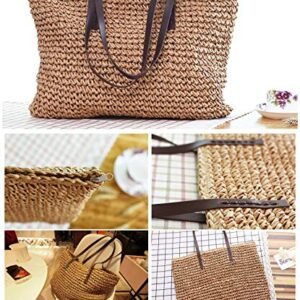 Ayliss Women Straw Woven Tote Large Beach Handmade Weaving Shoulder Bag Purse Straw Handbag (Square Khaki #2)