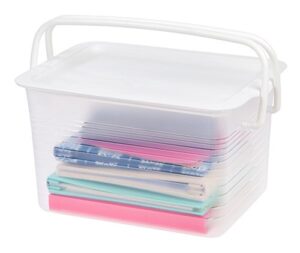 iris usa 17.3 qt. stacking storage baskets with snap-tight lid and handles, 4-pack, stackable portable caddy for toys arts crafts office supplies cleaning products, clear/white