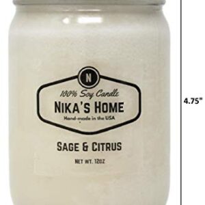 Nika's Home Sage & Citrus Soy Candle 12oz Mason Jar Non-Toxic White Hand Poured Candle- Handmade, Long Clean Burning 50-60 Hours Highly Scented All Natural, Candle Gift Décor