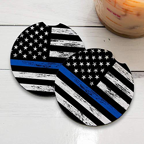 Thin Blue Line | Car Coasters for drinks Set of 2 | Perfect Car Accessories with absorbent coasters. Car Coaster measures 2.56 inches with rubber backing.