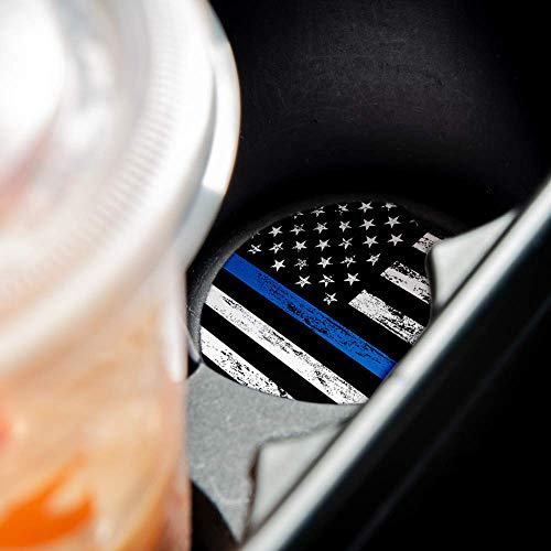 Thin Blue Line | Car Coasters for drinks Set of 2 | Perfect Car Accessories with absorbent coasters. Car Coaster measures 2.56 inches with rubber backing.