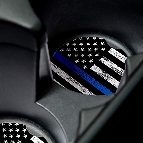 Thin Blue Line | Car Coasters for drinks Set of 2 | Perfect Car Accessories with absorbent coasters. Car Coaster measures 2.56 inches with rubber backing.