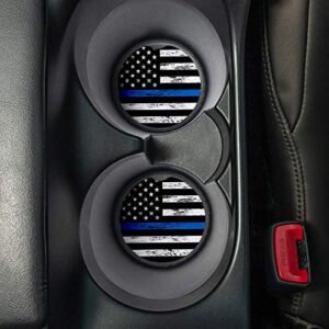 Thin Blue Line | Car Coasters for drinks Set of 2 | Perfect Car Accessories with absorbent coasters. Car Coaster measures 2.56 inches with rubber backing.