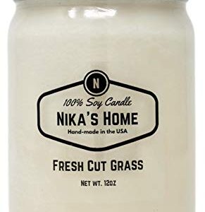 Nika's Home Fresh Cut Grass Soy Candle - 12oz Mason Jar - Non-Toxic Soy Candle-Hand Poured Candle- Handmade, Long Burning Candle-Highly Scented Candle-All Natural, Clean Burning Candle