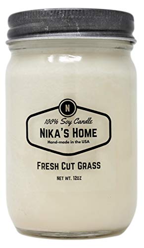 Nika's Home Fresh Cut Grass Soy Candle - 12oz Mason Jar - Non-Toxic Soy Candle-Hand Poured Candle- Handmade, Long Burning Candle-Highly Scented Candle-All Natural, Clean Burning Candle