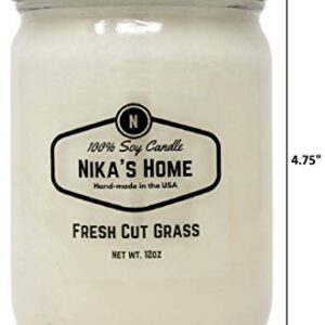 Nika's Home Fresh Cut Grass Soy Candle - 12oz Mason Jar - Non-Toxic Soy Candle-Hand Poured Candle- Handmade, Long Burning Candle-Highly Scented Candle-All Natural, Clean Burning Candle