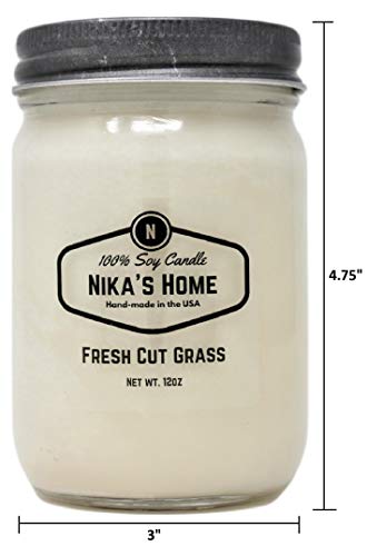 Nika's Home Fresh Cut Grass Soy Candle - 12oz Mason Jar - Non-Toxic Soy Candle-Hand Poured Candle- Handmade, Long Burning Candle-Highly Scented Candle-All Natural, Clean Burning Candle