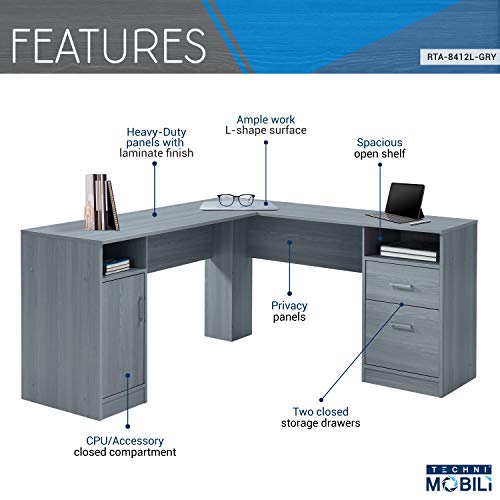 Techni Mobili Functional L-Shaped Computer Desk with storage, L is ⁠59.5" wide x 59.5" Long, Grey