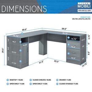 Techni Mobili Functional L-Shaped Computer Desk with storage, L is ⁠59.5" wide x 59.5" Long, Grey