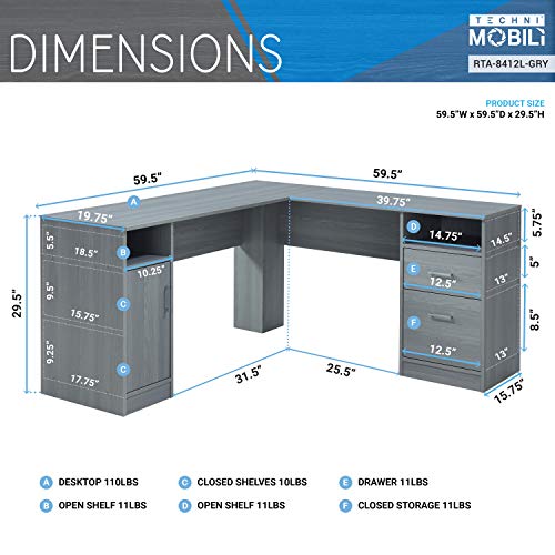 Techni Mobili Functional L-Shaped Computer Desk with storage, L is ⁠59.5" wide x 59.5" Long, Grey