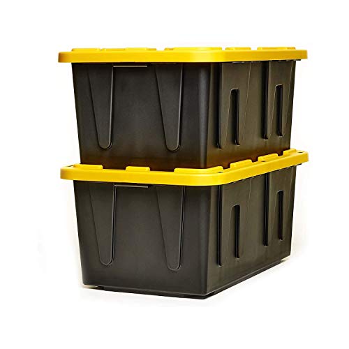 Homz Durabilt 27 Gallon Capacity Flip Lid Stackable Heavy Duty Tough Storage Container Tote, Black Base with Yellow Lid (2 Pack)