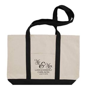 personalized custom text wedding mr & mrs couple cotton canvas boat tote bag tote – black