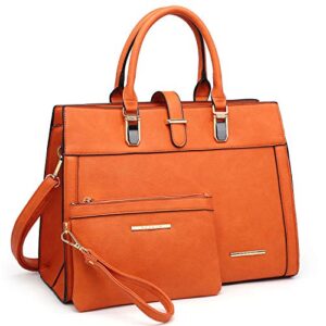 women’s handbag flap-over belt shoulder bag top handle tote satchel purse work bag w/matching wristlet (orange)