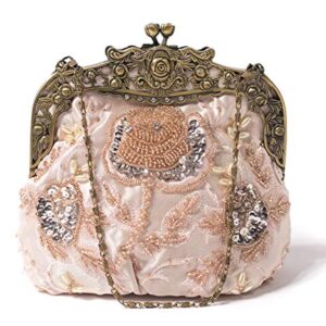 ilishop Women's Antique Beaded Party Clutch Vintage Rose Purse Evening Handbag (Champagne)