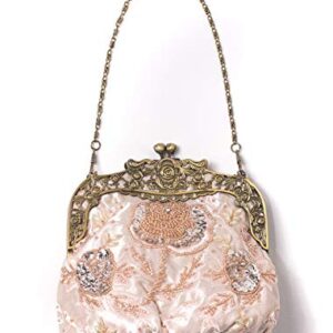 ilishop Women's Antique Beaded Party Clutch Vintage Rose Purse Evening Handbag (Champagne)