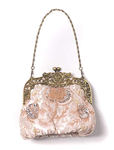 ilishop Women's Antique Beaded Party Clutch Vintage Rose Purse Evening Handbag (Champagne)