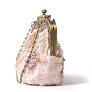 ilishop Women's Antique Beaded Party Clutch Vintage Rose Purse Evening Handbag (Champagne)