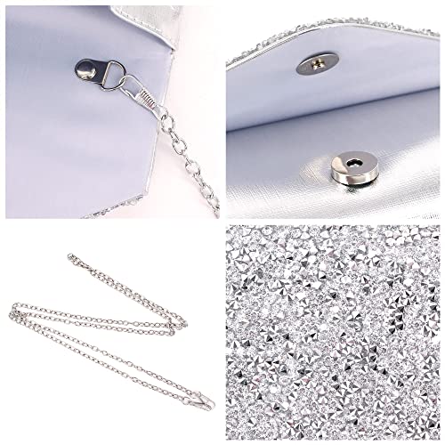 Gabrine Womens Evening Bag Handbag Clutch Purse Rhinestone-Studded Flap for Wedding Party Prom(Silver)