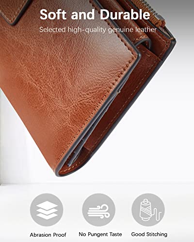 BOSTANTEN Womens Leather Wallets RFID Blocking Large Capacity Credit Cards Holder Phone Clutch Brown Orange