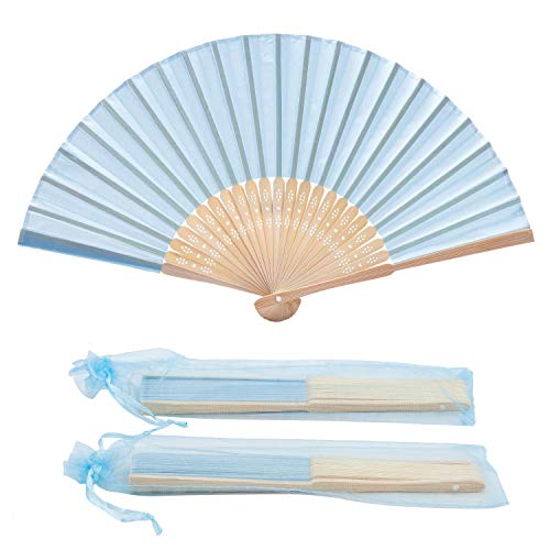 Sepwedd 50pcs Blue Imitated Silk Fabric Bamboo Folded Hand Fan Bridal Dancing Props Church Wedding Gift Party Favors with Gift Bags