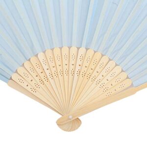 Sepwedd 50pcs Blue Imitated Silk Fabric Bamboo Folded Hand Fan Bridal Dancing Props Church Wedding Gift Party Favors with Gift Bags