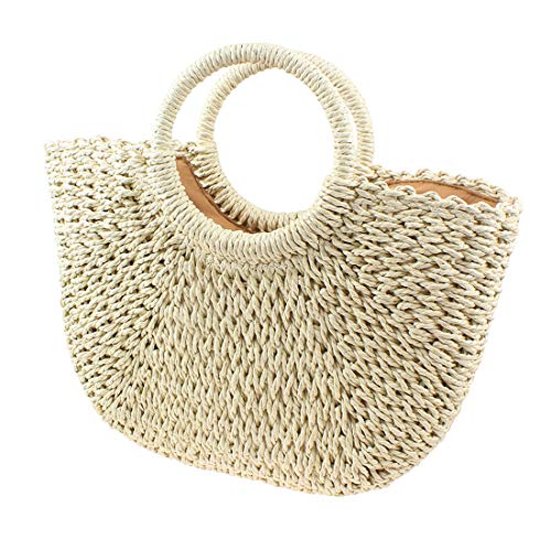 Straw Bags for Women, Hand-woven Straw Large Hobo Summer Beach Bag Round Handle Ring Toto Retro Rattan Bag