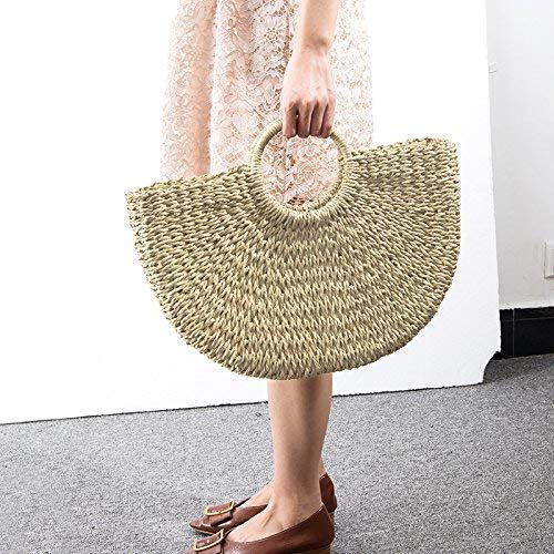 Straw Bags for Women, Hand-woven Straw Large Hobo Summer Beach Bag Round Handle Ring Toto Retro Rattan Bag