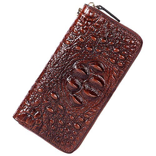 PIJUSHI Wristlet Wallet Crocodile Leather Wallets for Women Ladies Clutch Purse (1058 Brown)