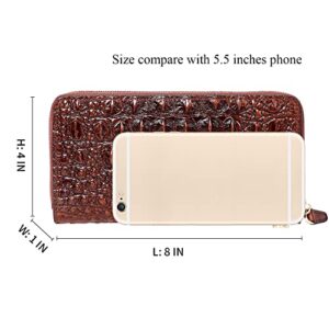 PIJUSHI Wristlet Wallet Crocodile Leather Wallets for Women Ladies Clutch Purse (1058 Brown)