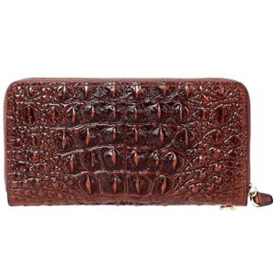 PIJUSHI Wristlet Wallet Crocodile Leather Wallets for Women Ladies Clutch Purse (1058 Brown)