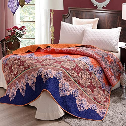 Exclusivo Mezcla Luxury Reversible Cotton Paisley Boho Striped Quilted Twin Size (60x80 Inch) Bed Blanket, Machine Washable and Dryable