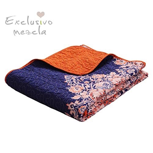 Exclusivo Mezcla Luxury Reversible Cotton Paisley Boho Striped Quilted Twin Size (60x80 Inch) Bed Blanket, Machine Washable and Dryable