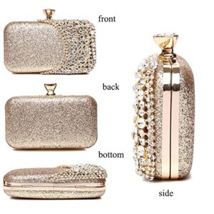 FIVE FLOWER Womens Crystal Evening Clutch Bag Wedding Purse Bridal Prom Handbag Party Bag (GOLD), Medium