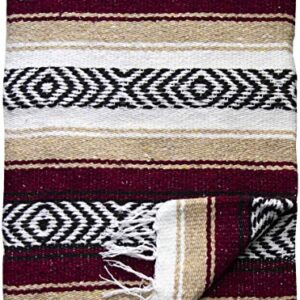 Genuine Mexican Handwoven Blanket, Premium Large Heavyweight Falsa Blanket, Serape & Yoga Blanket | Beach Blanket | Throw Blanket | Picnic Blanket (Large Heavy, Burgandy and Beige)