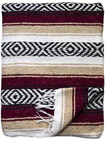 Genuine Mexican Handwoven Blanket, Premium Large Heavyweight Falsa Blanket, Serape & Yoga Blanket | Beach Blanket | Throw Blanket | Picnic Blanket (Large Heavy, Burgandy and Beige)