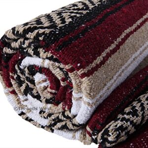 Genuine Mexican Handwoven Blanket, Premium Large Heavyweight Falsa Blanket, Serape & Yoga Blanket | Beach Blanket | Throw Blanket | Picnic Blanket (Large Heavy, Burgandy and Beige)