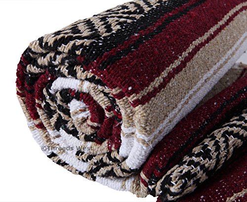 Genuine Mexican Handwoven Blanket, Premium Large Heavyweight Falsa Blanket, Serape & Yoga Blanket | Beach Blanket | Throw Blanket | Picnic Blanket (Large Heavy, Burgandy and Beige)