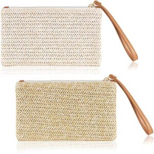 frienda 2 pieces straw clutch purse straw handbag for women summer beach straw bag bohemian wristlet bag (beige-white, beige-yellow)